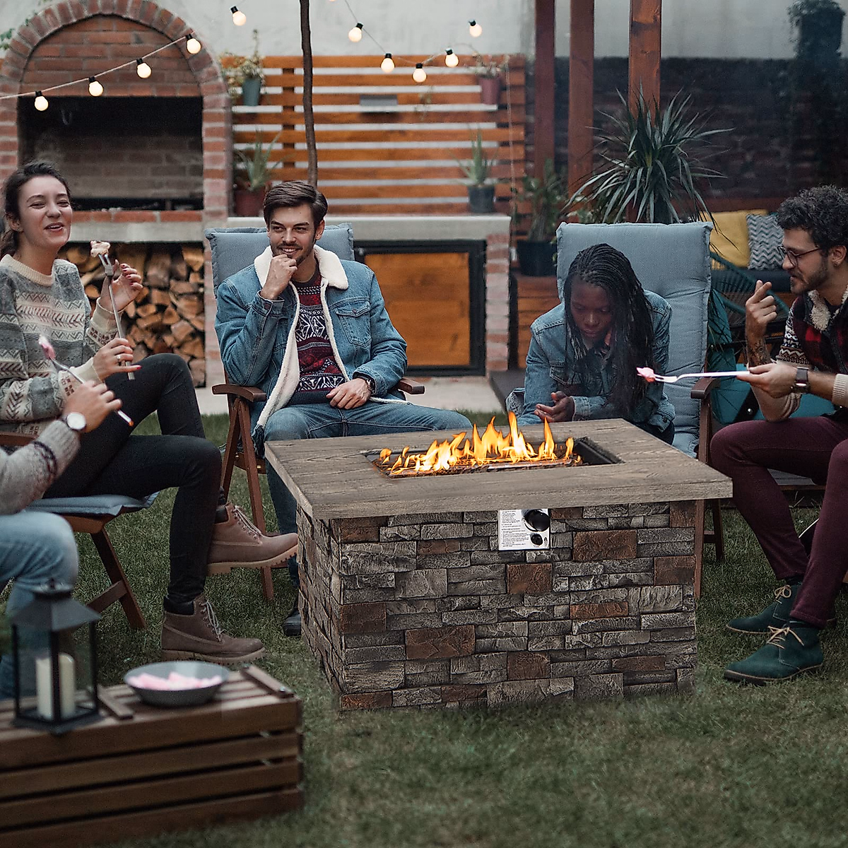 Tangkula 50,000 BTU Propane Fire Pit Table, Patiojoy 43.5 Inch Rectangle Fire Table with Faux Stone Surface, Outdoor Gas Fire Pit Table with Stainless Steel Burner, Waterproof PVC Cover, Lava Rocks