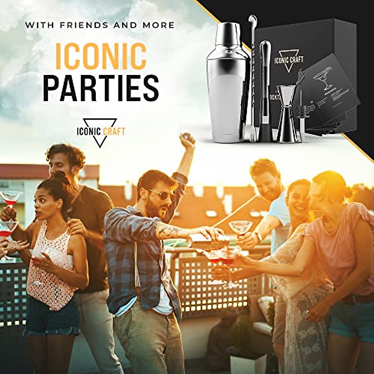 Iconic Craft | Premium Cocktail Shaker Set with Premium Gift Box, 5 Piece Cocktail Shaker Set with Recipe Cards, Bartender Shaker Kit, Home Bartending Set