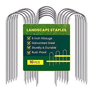 Garden Stakes 6 inches, U-Shaped Tent Stakes, Galvanized Landscape Staples, Ground Stakes for Landscaping Securing Weed Barrier Fabric, Irrigation Tubing and Holding Fencey (10pcs)