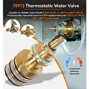 78913 Replacement Part for Kohler K400 K401 Thermostatic Water Valve Cartridge, 3/4’’ Valve High Flow Rate Valve Cartridge, K-400-K, K-401-K, K-78913