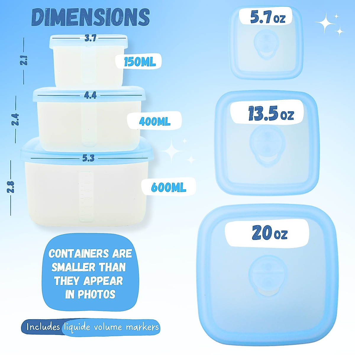 Bite&Eat Silicone Food Storage Containers | BPA Free, Airtight, Dishwasher, and Freezer Safe with Lids | Air Vent Nesting Containers Safe for Microwave | Set of 3 (5.7oz, 10oz, 20oz) - Blue/Clear