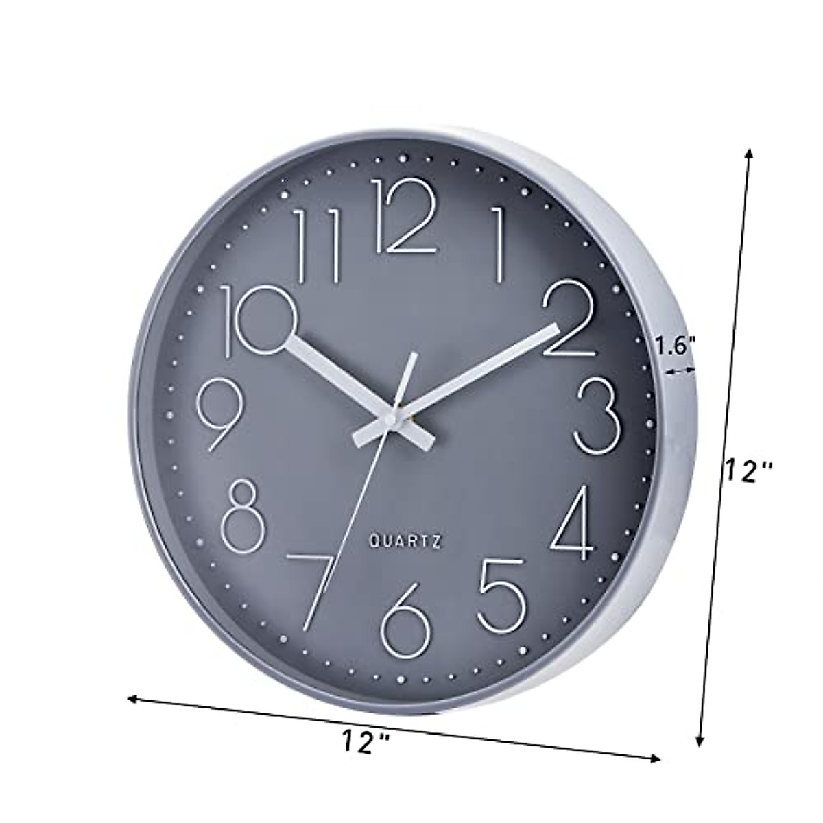 Hacaroa 12 Inch Silent Non-Ticking Wall Clock, Decorative Modern Clock Battery Operated, Round Clock Glass Cover Sweep Movement for Living Room, Office, School, Gray