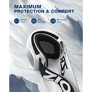ZIONOR Lagopus Ski Snowboard Goggles UV Protection Anti fog Snow Goggles for Men Women Adult Youth VLT 8.6% White Frame Silver Lens