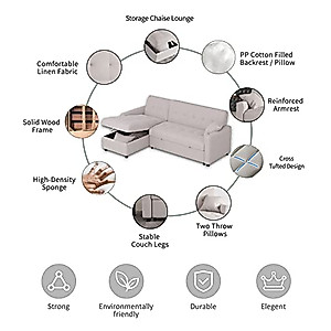 MGH Reversible Sectional Sleeper 82In Wide Couch with Storage, Pull-Out Sofa Bed, L-Shape with Chaise for Living Room Small Apartment (Light Grey), LV7047