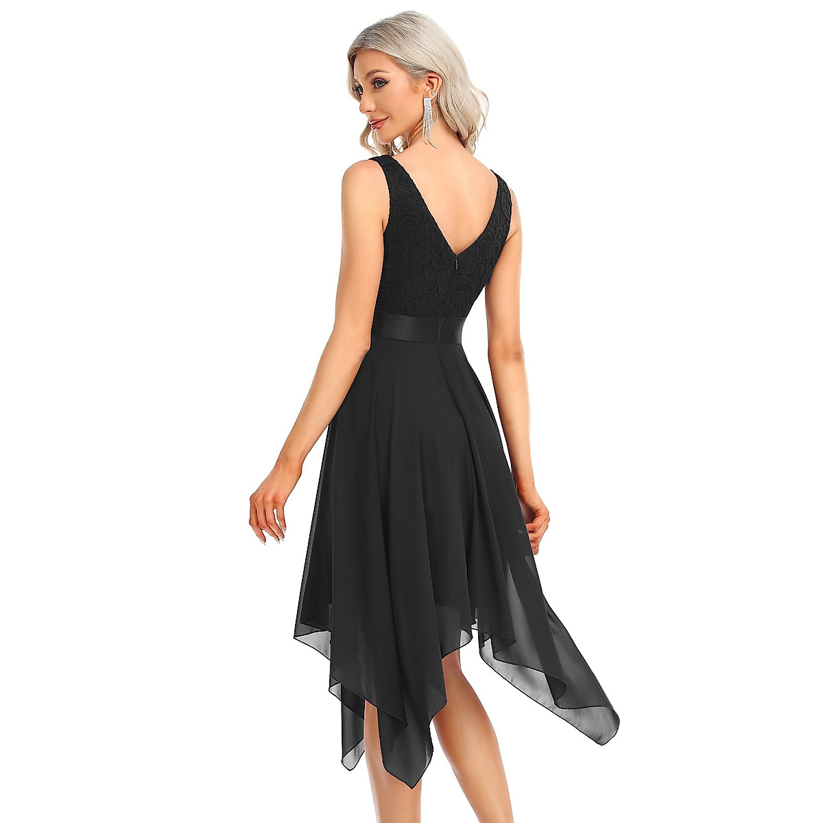 Ever-Pretty Women's Vintage V Neck Irregular Hem Lace A Line Chiffon Cocktail Dresses Emperador US12 Black