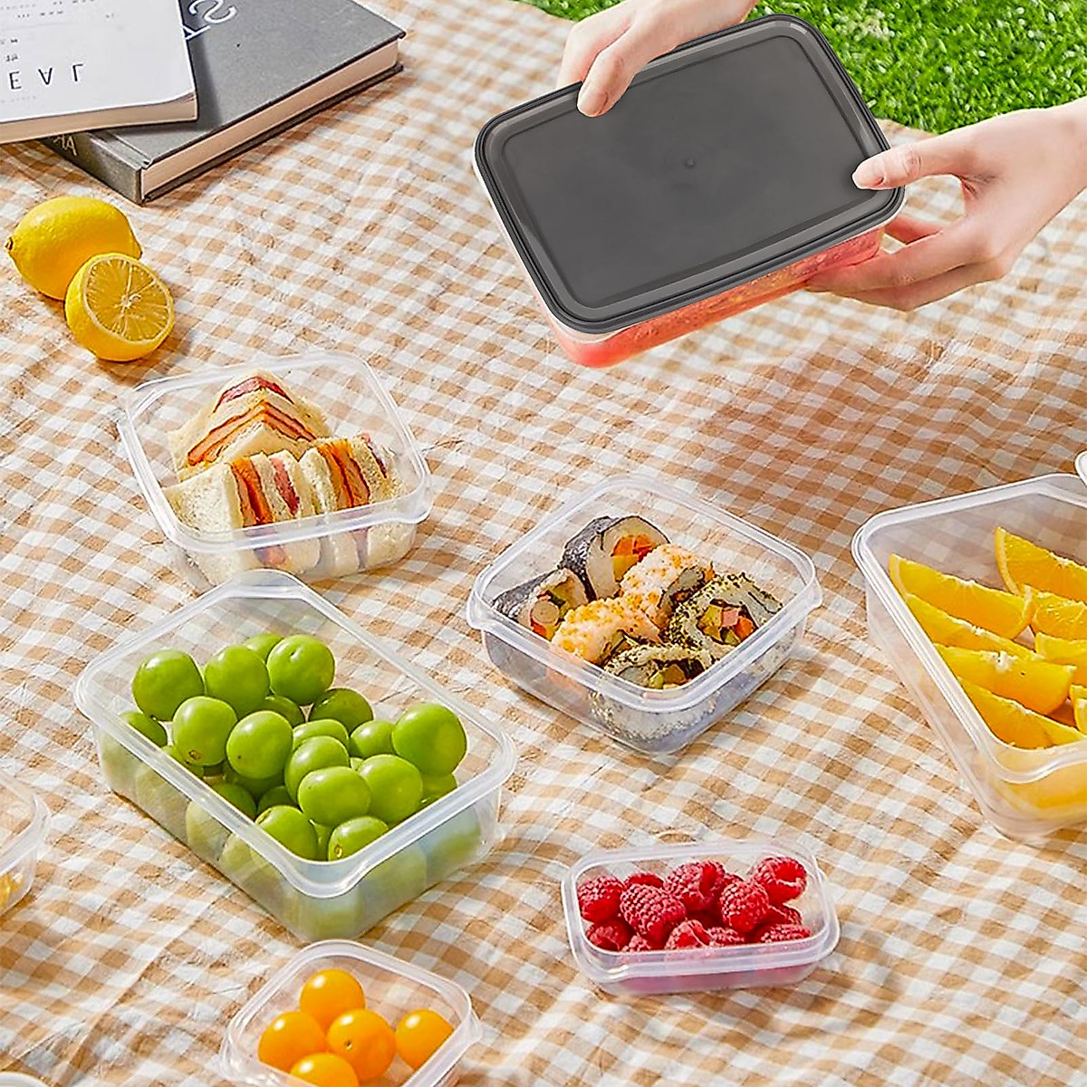 34Pcs Food Storage Containers with Lids (17 Containers and 17 Lids), Salad Dressing Condiment Leftover Lunch Box, Reusable Plastic Freezer Containers Microwave Dishwasher Safe (7 Assorted Size, Grey)