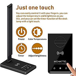 mchatte LED Desk Lamp with Wireless Charger, USB Charging Port, Dimmable Eye-Caring Desk Light with 5 Brightness Levels & 5 Lighting Modes, Touch Control, Auto Timer (Black)