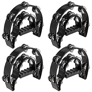 SINJEUN 4 Pack 10 Inch Black Double Row Tambourine, Half Moon Musical Tambourine, Metal Jingles Hand Held Percussion with Ergonomic Handle for Beginner, KTV, Party