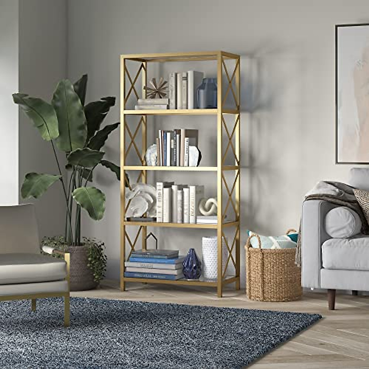 Celine 30'' Wide Rectangular Bookcase in Brushed Brass
