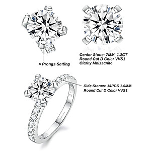SILVERNANA 1.2 CT Moissanite Engagement Ring for Women Sterling Silver Round Cut Solitaire Moissanite Wedding Promise Ring Size 7.5