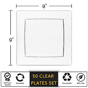 Oasis Creations Clear Square Plates Set 9" - 50 Count - Premium Hard Clear Plastic - Disposable and Reusable - Dinner Plates - Salad Plates - Party Plate Set - Weddings, Parties, Events & More!