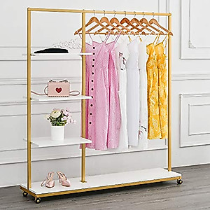 BOSURU Rolling Gold Clothing Racks on Wheels with Metal Pipes Modern Floor Standing Clothes Display Racks Hanging Clothes 4-Tier Garment Rack with Wood Shelves for Bedroom Living Room Cloth Store 59"