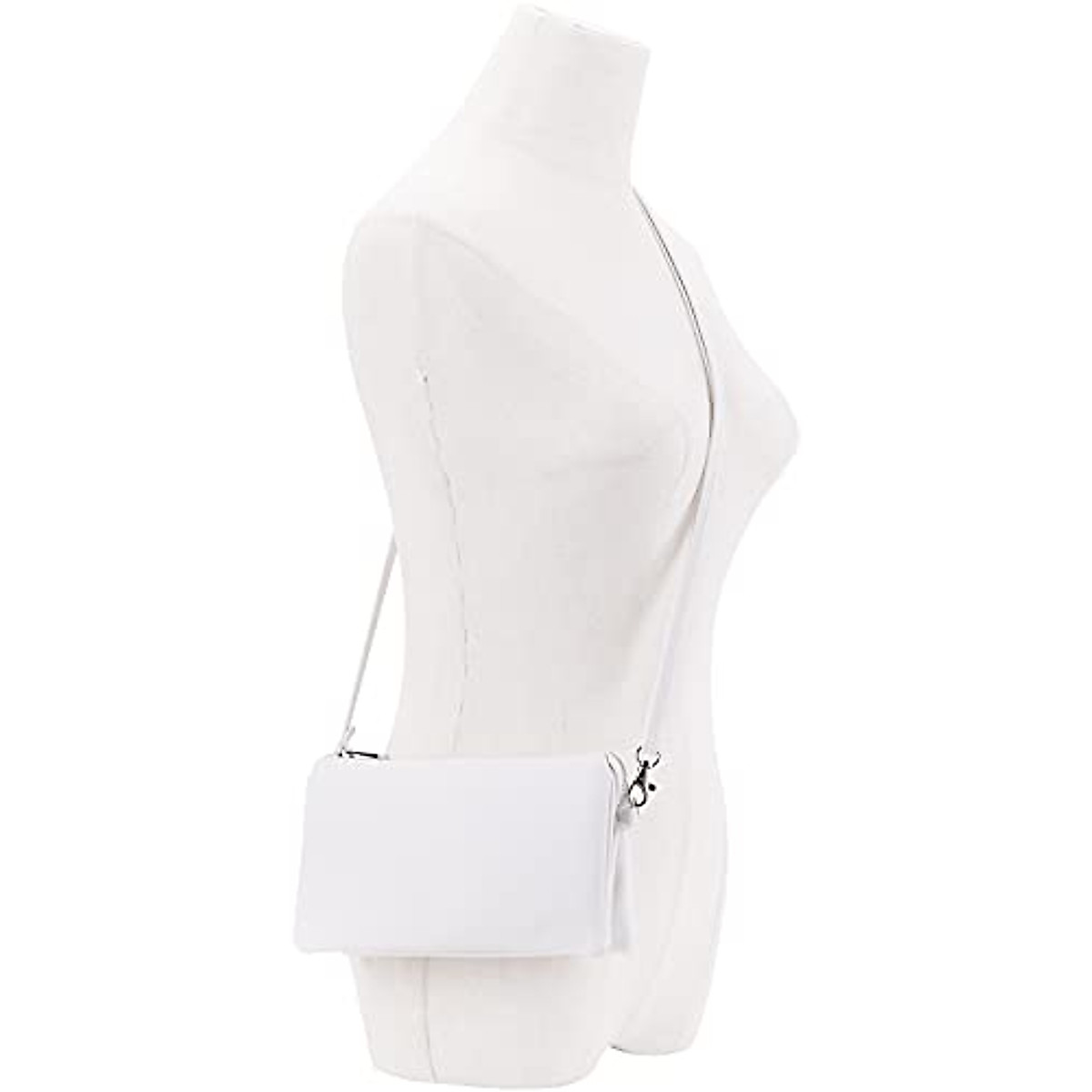 B BRENTANO Vegan Leather Multi-Pocket Interchangeable Crossbody Purse to Clutch with Card Slots, Removable Wristlet Strap and Adjustable Shoulder Strap (White Silver)