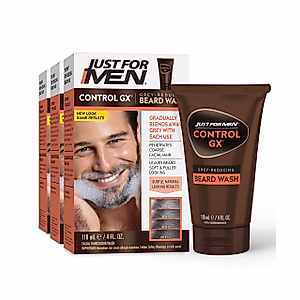 Just For Men Control GX Grey Reducing Beard Wash Shampoo, Gradually Colors Mustache and Beard, Leaves Facial Hair Softer and Fuller, 4 Fl Oz - Pack of 3 (Packaging May Vary)