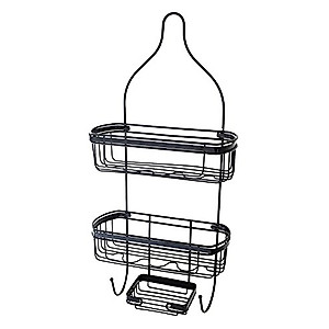 Splash Home Bathroom Door or Hanging from Shower Head Caddy with Two Basket Organizers Plus Dish for Storage Shelves for Shampoo, Conditioner Soaps, 24 x 15 x 12 Inches Black