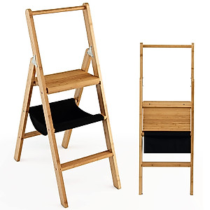 COSTWAY 3 Step Bamboo Ladder, Folding Step Stool with Storage Bag, High Handrail and Wide Pedal, Multi-Use & Space-Saving Lightweight Portable Stepping Stool for Home, Kitchen and Office