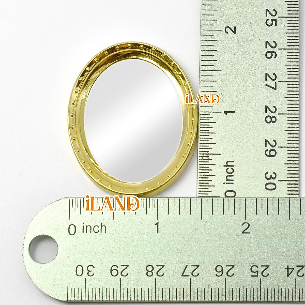iLAND Mini Mirrors, Dollhouse Accessories on 1:12 Scale, Miniature Framed Glass Mirror (Bright Golden 4pcs)