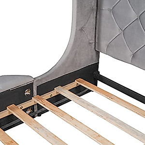 RORIGAT Queen Size Platform Bed, Velvet Upholstered Bed with Wingback Headboard and and 1 Big Drawer, 2 Side Storage Stool for Boys Girls Adults, No Box Spring Needed, Gray