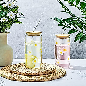 Hoolerry Daisy Flower Glass Cups with Lids and Straws 18 oz Iced Coffee Cup Drinking Glasses with Bamboo Lids Cute Flower Glass Coffee Tumbler Glasses for Home Office Kitchen (4 Pcs)