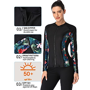 ATTRACO Womens Rash Guard Zip-Front Swimsuit Swim Shirt UV Sun Protection Floral