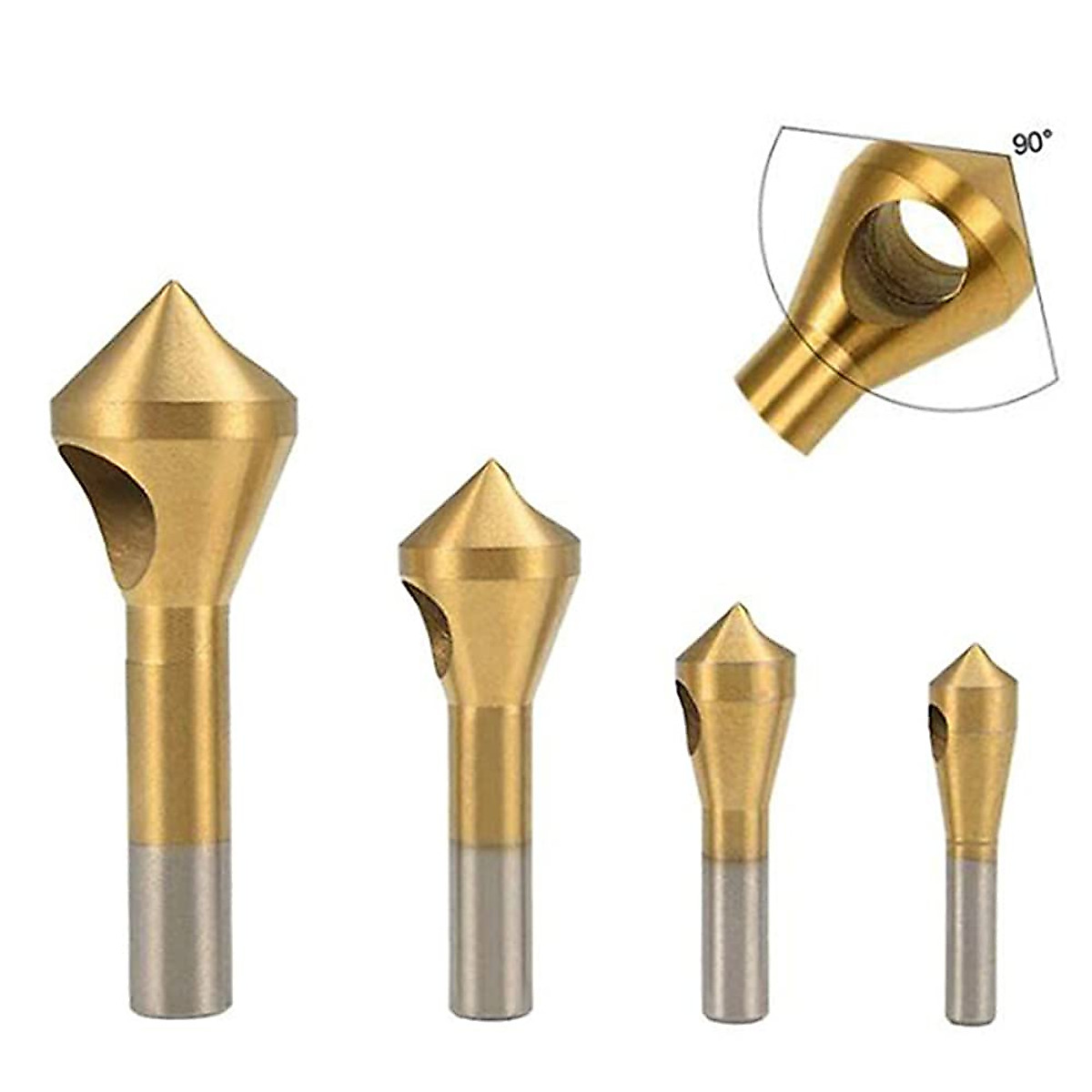 4 Pieces Chamfer Countersink Deburring Drill Bits Set Titanium Coated 6/8/10/12mm Round Shank Single End Countersinks Hole for Metal and Plastic