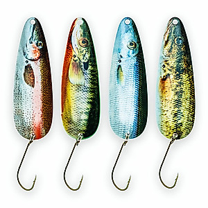 ETIC Poseidon 3 ½", 1oz Fishing Spoons Kit 100% Made of Brass, 4 pcs Fishing Lures, Tackle, Hooks, Baits, Spinning, Casting, Trolling for Trout, Salmon, Pike, Walleye, Bass and Mores