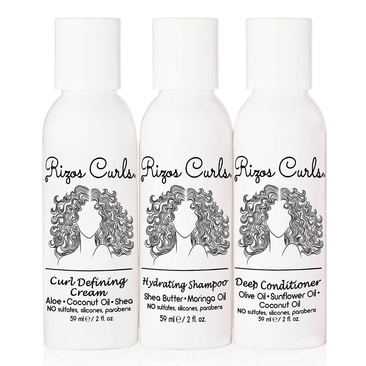 Rizos Curls Trio Travel Curl Kit, Includes Travel Hydrating Shampoo, Travel Deep Conditioner, Travel Curl Cream, Gently Cleanse, Hydrate and Style, For All Curl Patterns 2a - 4c, 3 pack of 2 oz