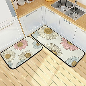 BOENLE Blooming Daisy Kitchen Rugs and Mats Non Skid Washable Kitchen Rug Set 2 Piece Carpet Ergonomic Comfort Standing Mat for Kitchen,Bathroom, Laundry