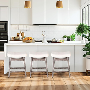 MAISON ARTS Counter Height Bar Stools Set of 2 for Kitchen Counter Solid Wood Legs with Fabric Saddle Seat Farmhouse Barstools for 34"-38" Counter Island Upholstered Stools, 24in, Creamy White