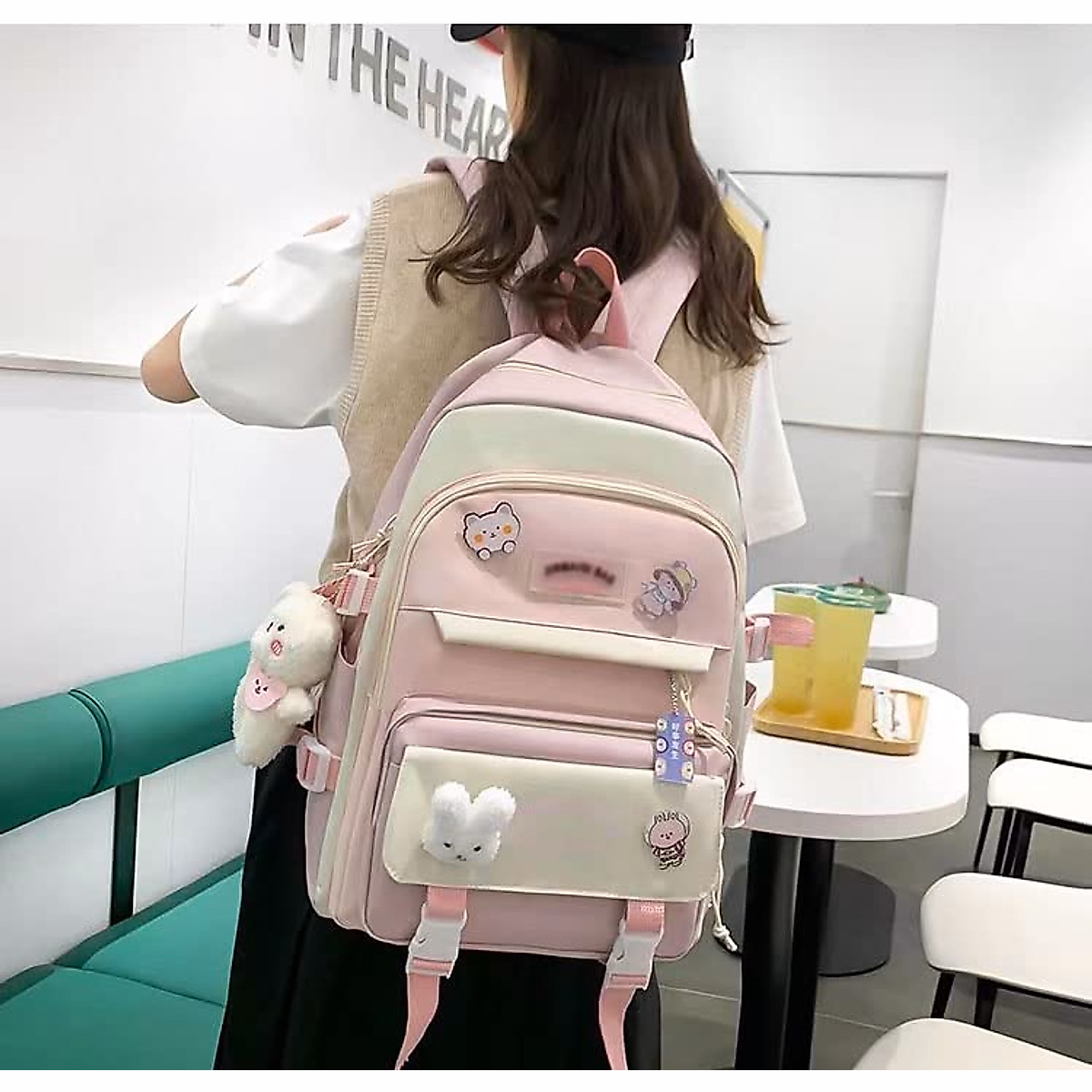 GGWIEAEA 5PCS Kawaii Backpack Set with Cute Pendant Waterproof College Style Suitable for Teenage Girls