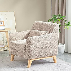Living Room Single Sofa Chair,Modern Upholstered Teddy Sherpa Fabric Upholstery Accent Arm Chair,Comfy Reading Lounge Tub Barrel Club Arm Chair for Bedroom Small Spaces,Tufted Decorative,Lumbar Pillow