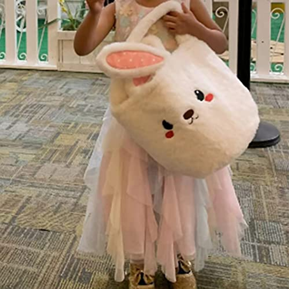 Bunny Easter Basket for Kids, Cute Plush Empty Bucket with Foldable Ears and Handle Egg Hunt Tote Candy Bag Basket for Boy Girl Teens Gift, Easter Basket Decor White 9×9 Inch