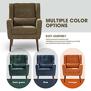 cinkehome Accent Arm Chairs for Living Room, Chenille Upholstered Mordern Armchair, Comfy Soft Padded Lounge Chair in Small Spaces, Bedroom, Pillow, Solid Wood Leg, Olive Green