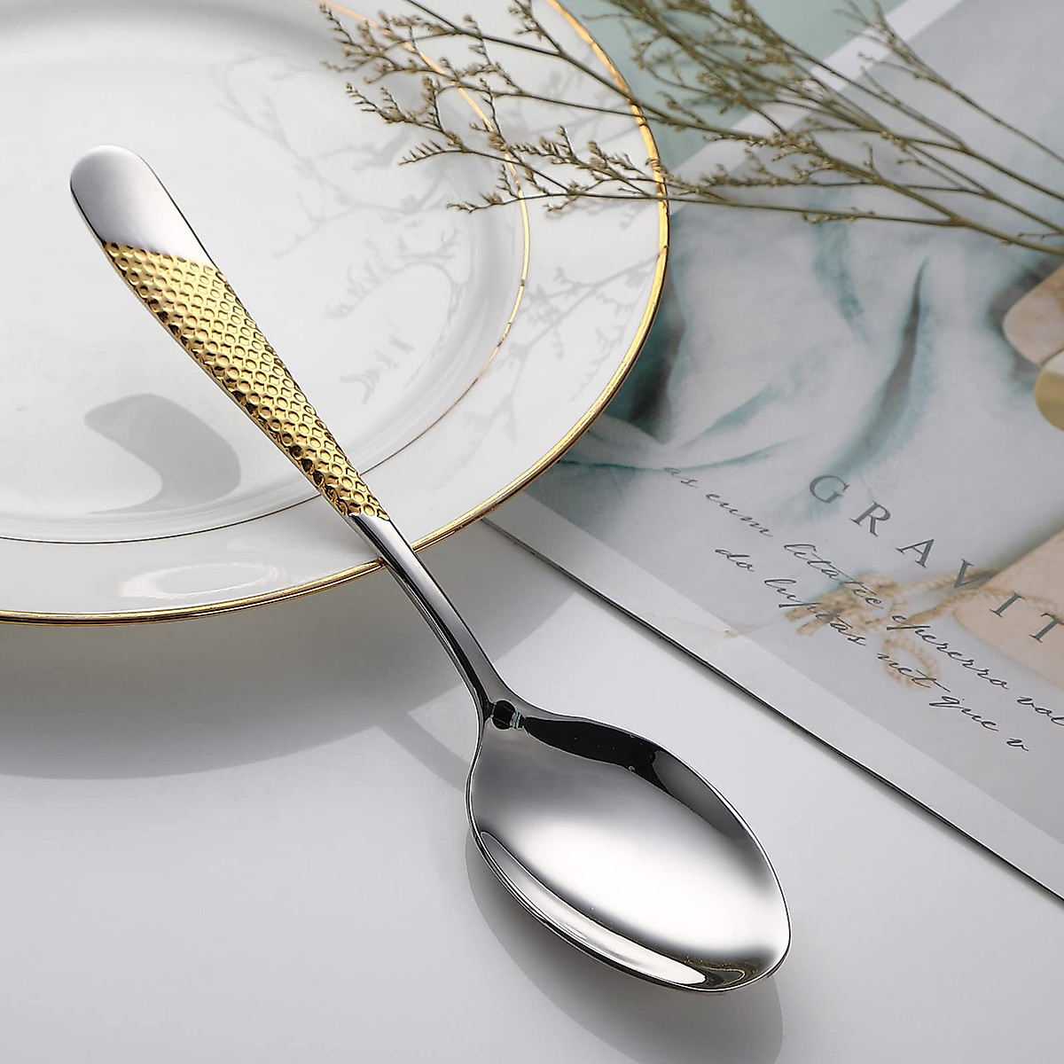 VANDBAO Flatware Cutlery Silverware Set 24 Pieces, Gilding 18/10 Stainless Steel Utensils, Tableware Set Service for 6, Include Knife/Fork/Spoon, Reusable, Mirror Polished, Dishwasher Safe