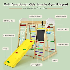 Costzon Indoor Jungle Gym, 8-in-1 Montessori Climbing Toys for Toddlers with Slide, Climbing Rock/Net, Monkey Bars, Wooden Playground Climber Playset for Kids Gifts Presents