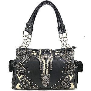 Justin West Western Purse Tooled Laser Cut Floral Design Studs Rhinestone Buckle Concealed Carry Handbag With Trifold Wristlet Cross Body Strap Wallet Set (Black White)