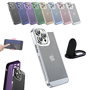 LONGLUAN Electroplating Heat Dissipation Phone Case, Shiny Cooling Breathable Case, Heat Dissipation Plating Fine Hole Protector, Crystal Lens Film Coating Mobile Phone Case (14 Pro Max, Silver)