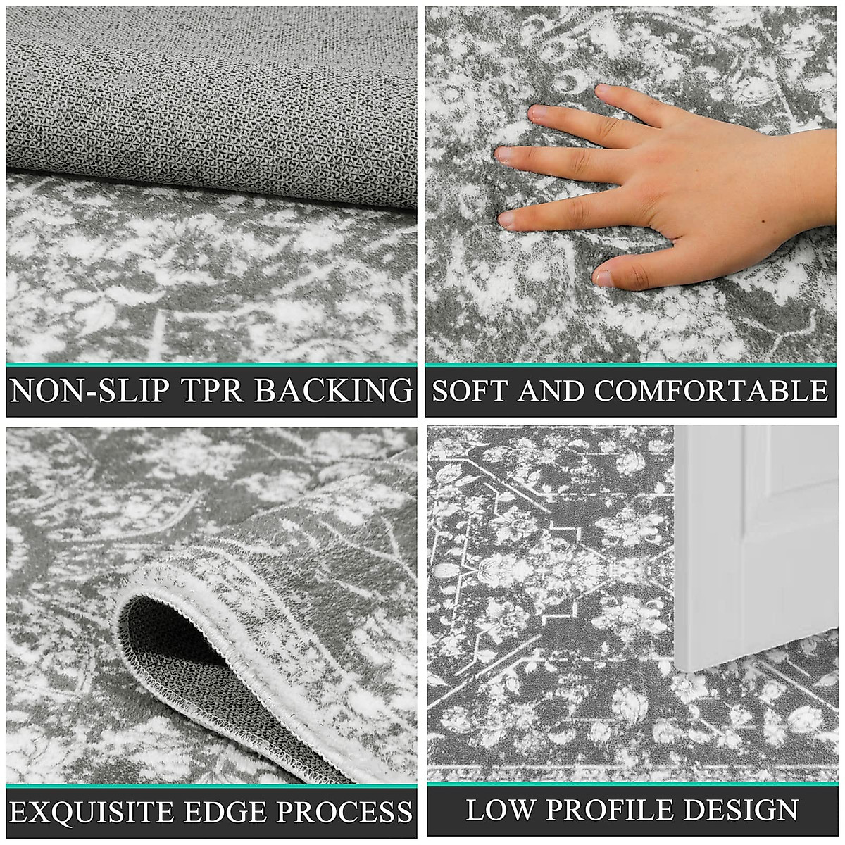 Pauwer Area Rug 5x7 Rug, Distressed Low Pile Non-Slip Non-Shedding Floral Print Large Accent Rug, Washable Carpet Indoor Mat for Living Room Bedroom Dining Room