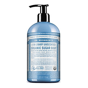 Dr. Bronner’s - Organic Sugar Soap (Baby Unscented, 12 Ounce) - Made with Organic Oils, Sugar and Shikakai Powder, 4-in-1 Use: Hands, Body, Face and Hair, Moisturizes and Nourishes, No Added Fragrance