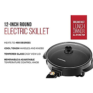 Chefman Electric Skillet - 12 Inch Round Frying Pan with Non Stick Coating, Temperature Control, Tempered Glass Lid, Cool-Touch Handles and Knob, Black