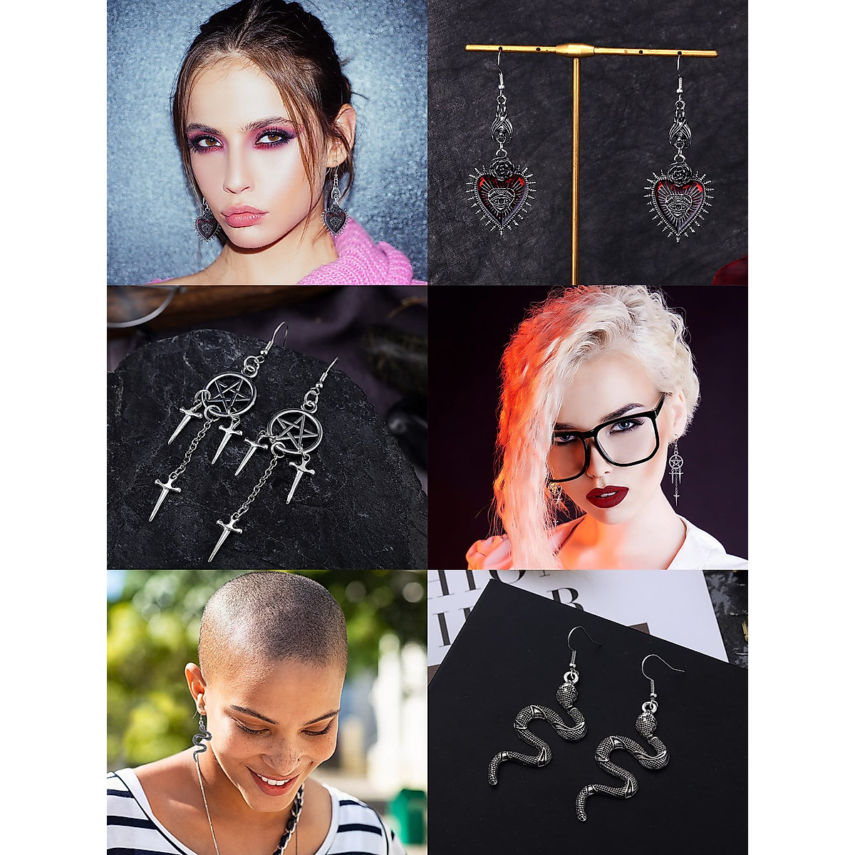 16 Pairs Gothic Earring for Women Grunge Punk Vintage Earrings Set Goth Snake Harajuku Style Evil Eye Dangle Retro Silver Earrings Harajuku Style Trendy Punk Rock Earrings for Halloween Girls Teen
