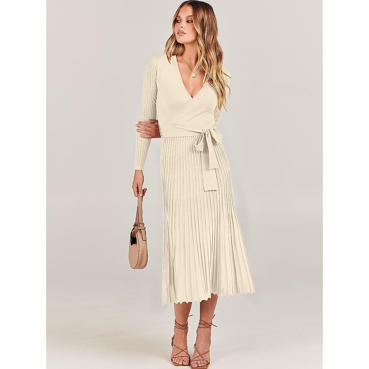 ANRABESS Women's 2024 Long Sleeve Sweater Dress Wrap V Neck Pleated Ribbed Knit A Line Belted Tie Waist Midi Dress Beige Medium