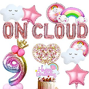 LaVenty On Cloud 9 ROSE GOLD Balloons Banner On Cloud Nine Birthday Party Decorations for 9 Year Old Girl 9th Birthday Party Invite Decorations