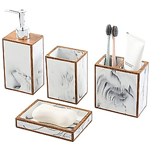 MyGift 4 Piece Marbled Design White and Black Resin Bathroom Countertop Accessories Set with Decorative Wood Trim Includes Pump Lotion Dispenser, Tumbler, Toothbrush Holder and Soap Dish