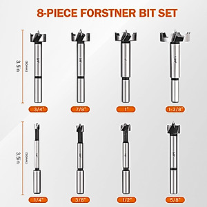 KENDO 8 Piece Forstner Bit Set, Made of Alloy Steel, Forstner Bits for Woodworking, Auger Opener Round Shank Drilling Cutting Tool for Hardwood, Softwood, Plastic, Plywood with Storage Case