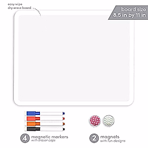 Dry Erase Board 8.5 X 11 inch Magnetic Whiteboard with 4 Markers and 2 Magnets with White Frame. Use for School, Home, Office, Remote Learning. Easy to Hang on Walls or Magnetic Surfaces.
