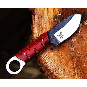 ADAM KNIVES Fixed Blade Carbon Steel Outdoor Knife with Pancake Leather Sheath, 7'' Full Tang Skining Knife,Non-Slip Wooden Handle,Camping Knife (Orange)