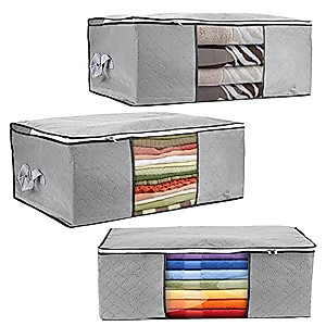 3 Pack Large Capacity Clothes Storage Bag Organizer with Reinforced Handle Thick Fabric for Comforters, Blankets, 105L, Grey