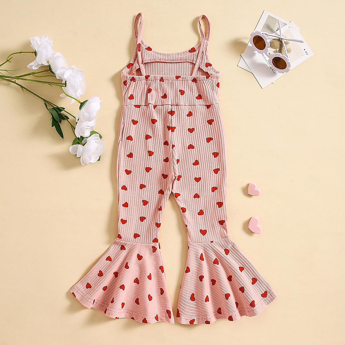 Guodeunh Toddler Baby Girls Bell-Bottoms Jumpsuit Ribbed Sleeveless Spaghetti Straps Romper Heart Print Valentine's Day Outfit (Pink, 4-5T)