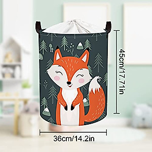 Clastyle 45L Smile Foxes Kids Laundry Baskets for Bedroom Collapsible Waterproof Tree Laundry Hamper with Drawstring for Toys, 14.2 * 17.7 in